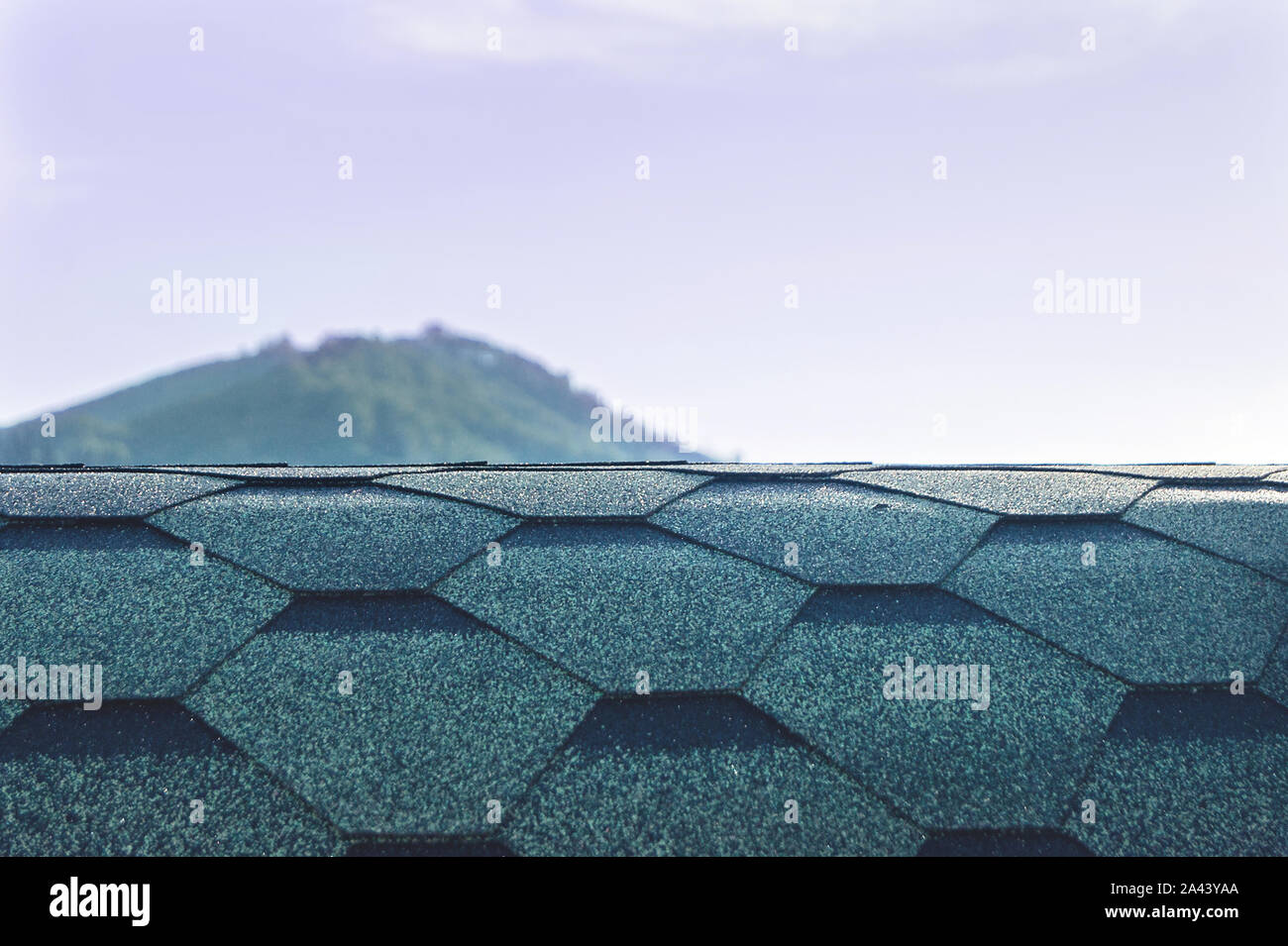 Rooftop of Green designer hexagonal asphalt, bitumen shingles on ...