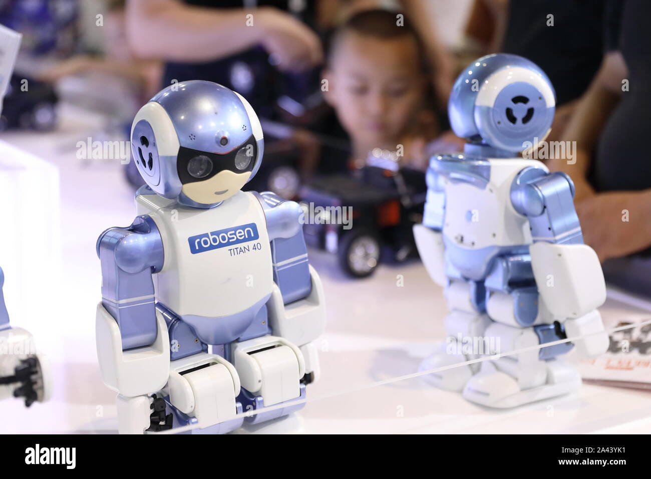 Intelligent robots are displayed at the stand of RoboSense during the 2019 Word Robot Conference ...