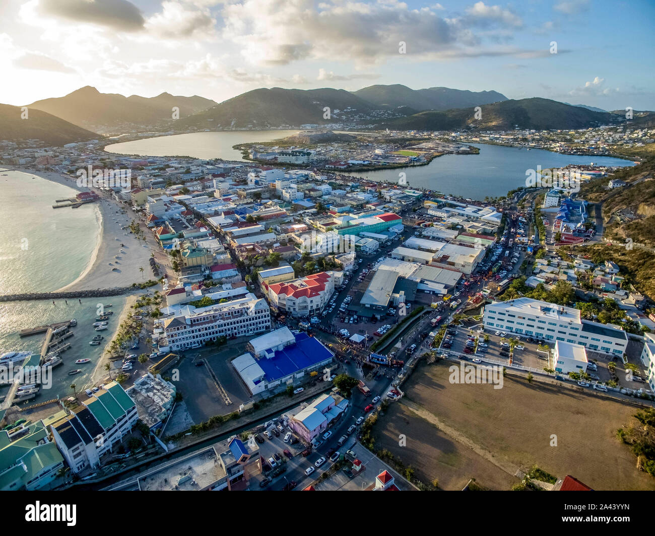 High Aerial view of the capital of St.Maarten, Philipsburg. Dutch Side ...