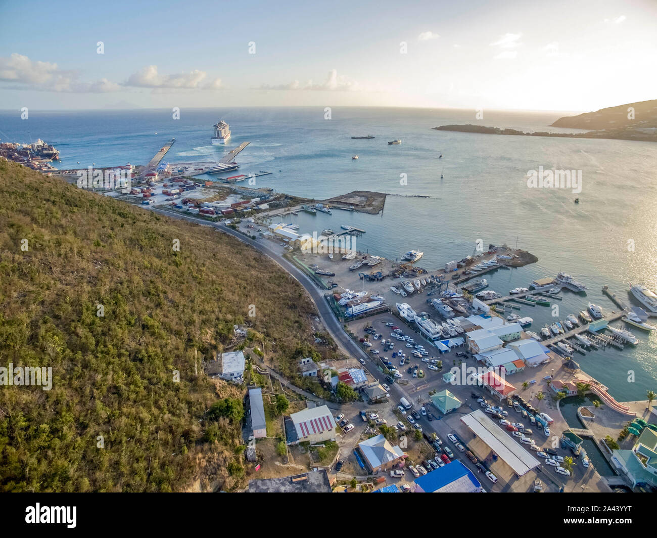 High Aerial view of the capital of St.Maarten, Philipsburg. Dutch Side ...