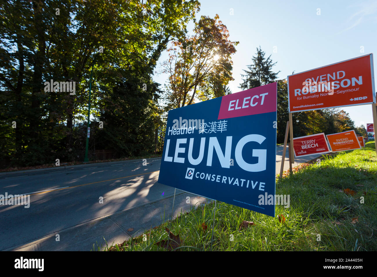 NORTH VANCOUVER, BC, CANADA - OCT 10, 2019: MP candidate signs beside ...