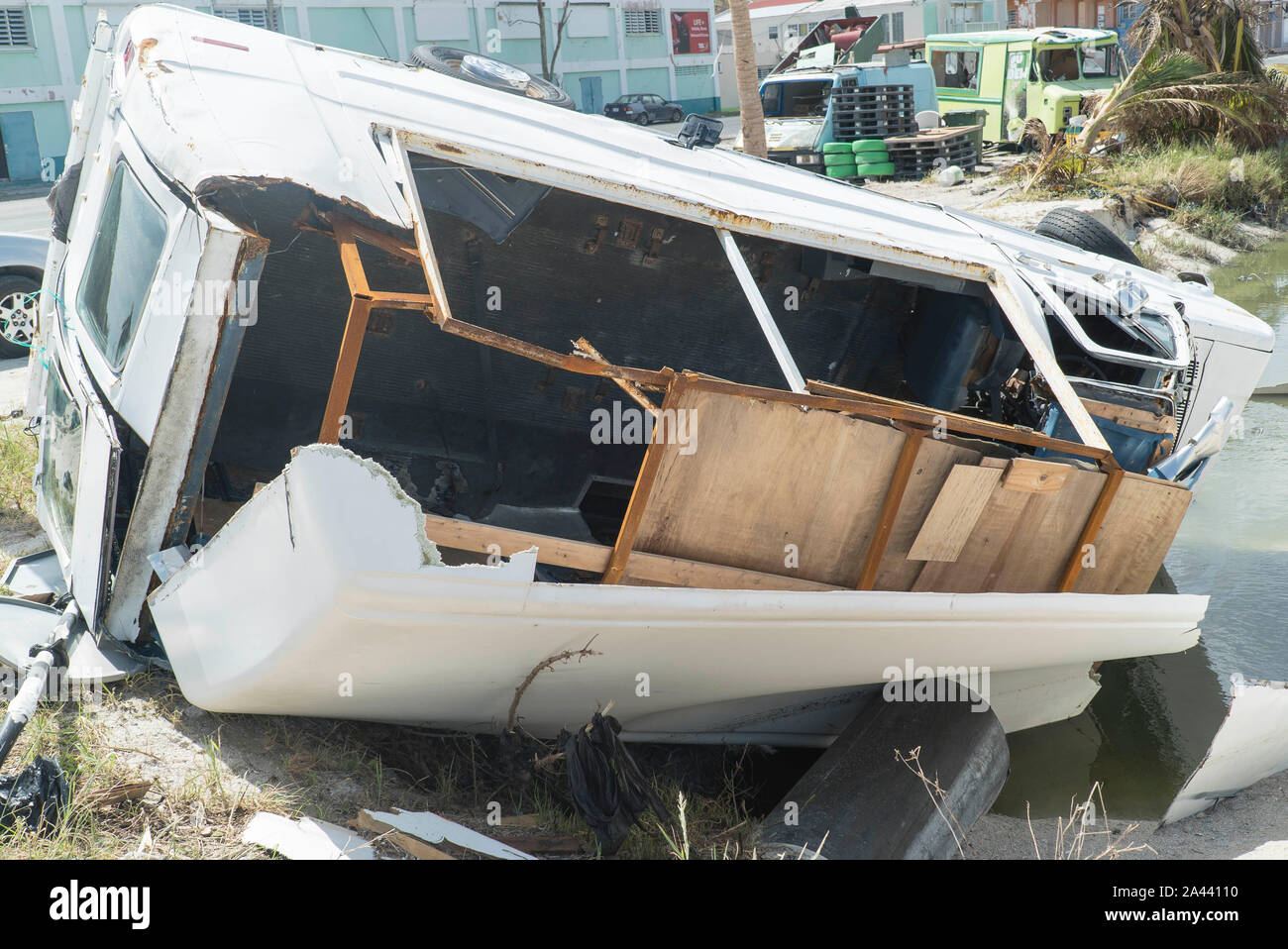 Vehicle damaged after hurricane storm. Damage car on the caribbean island of st.maarten after ...