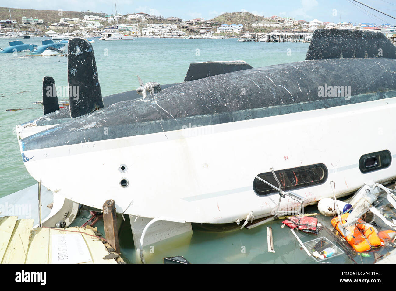 Oyster Pond St Maarten- November , 2017: Boat overturn in the sea by ...
