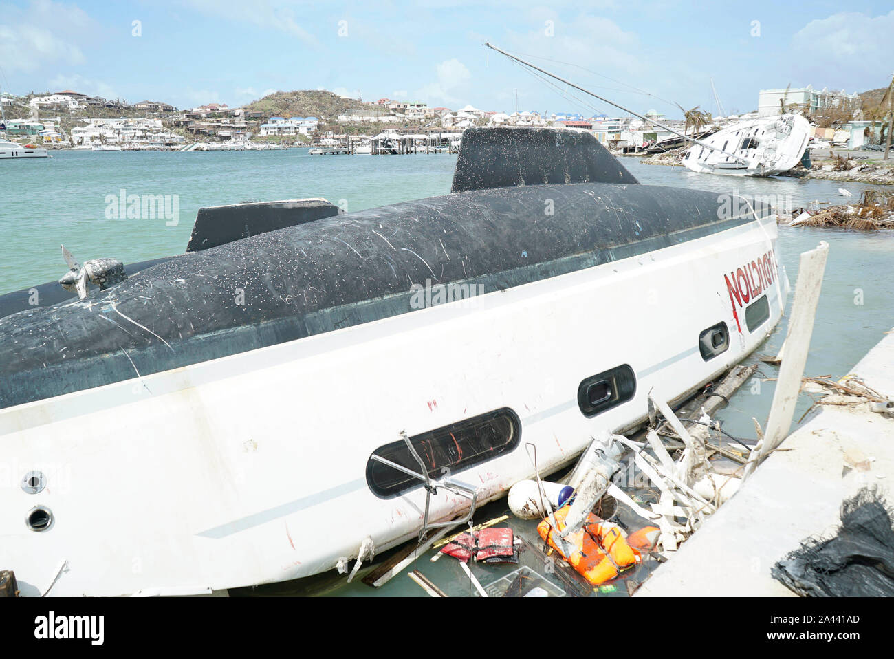 Oyster Pond St Maarten- November , 2017: Boat overturn in the sea by ...