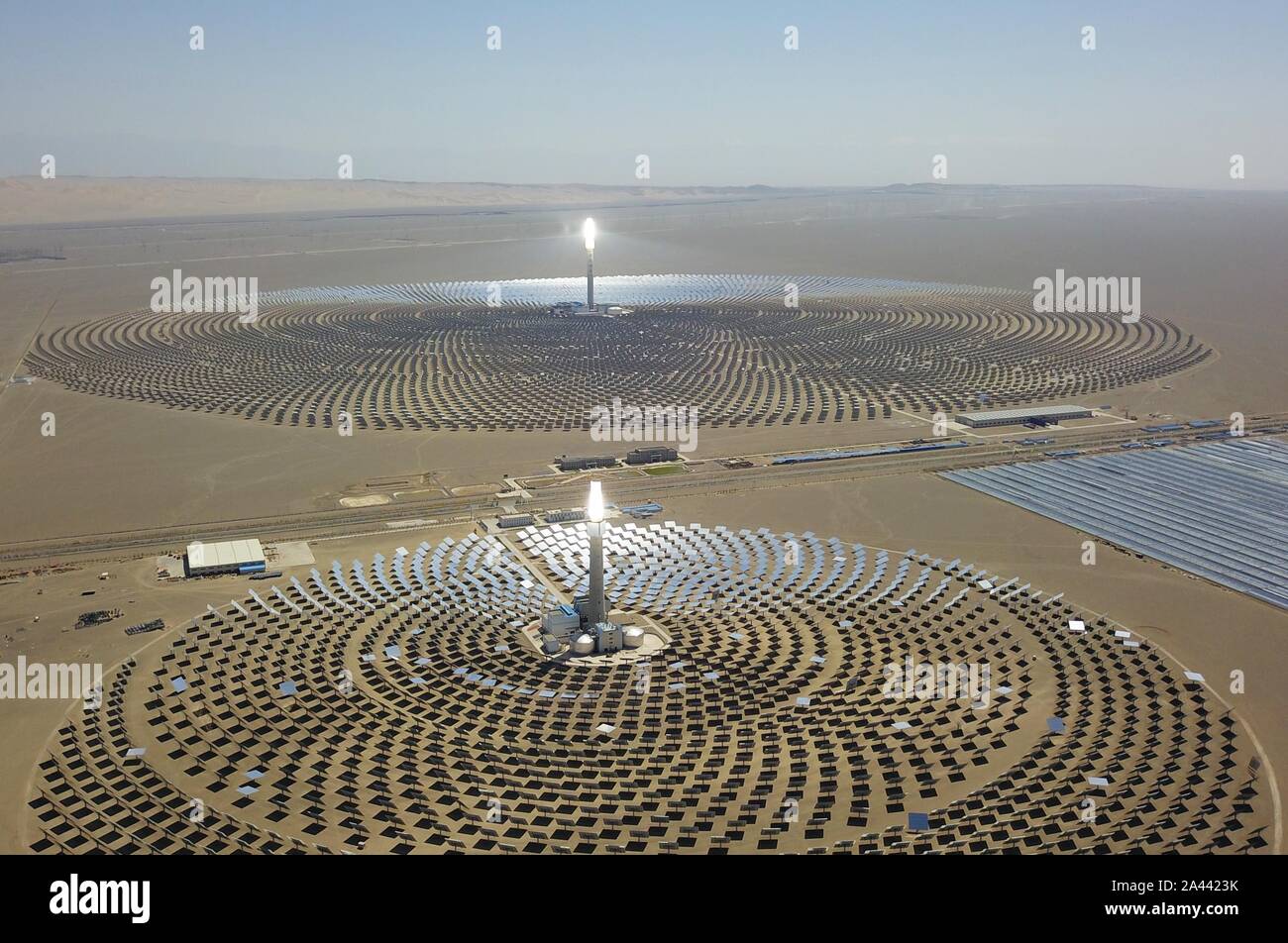 Aerial view of China's first 100-megawatt molten salt solar thermal ...
