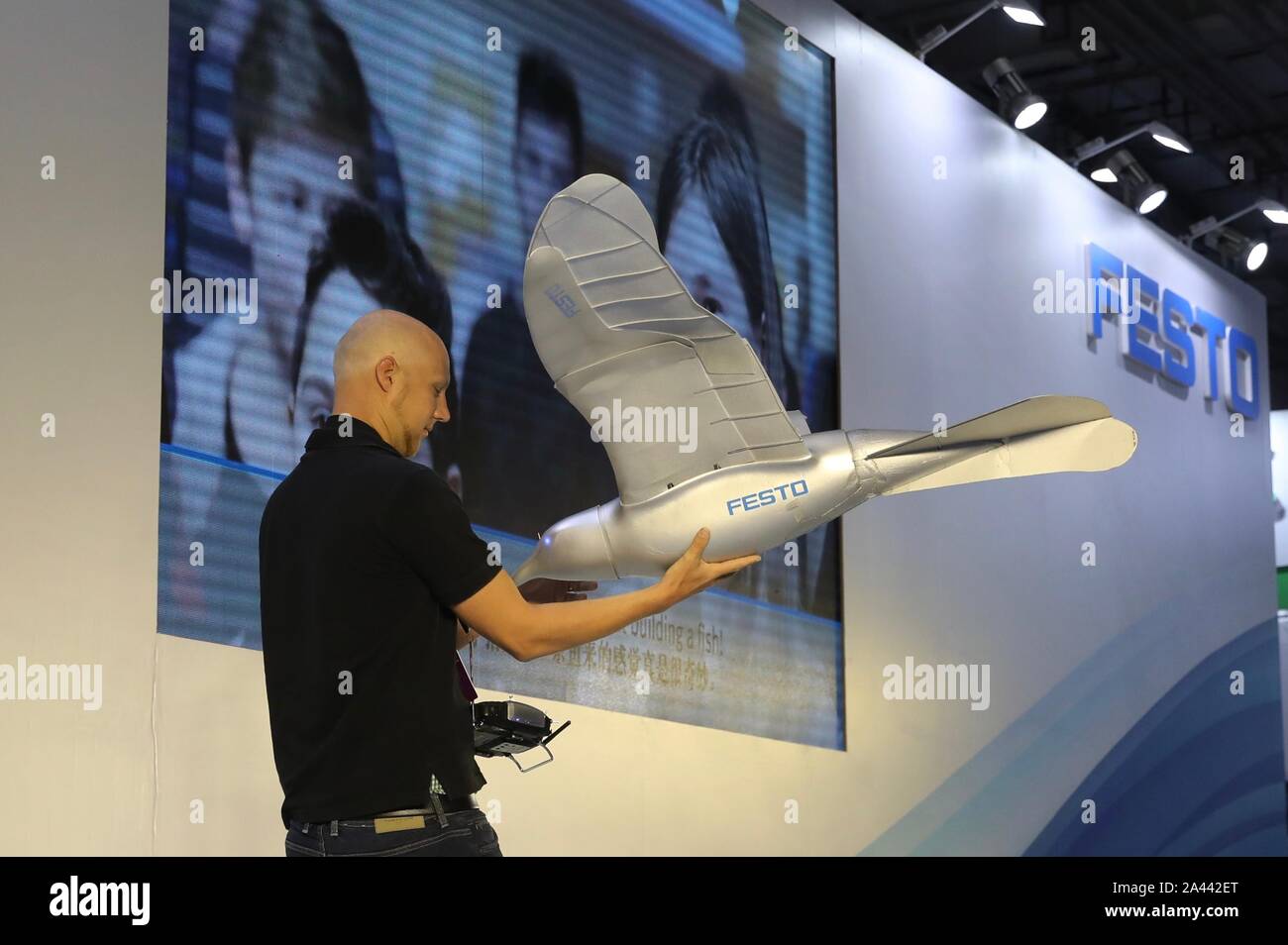 A bird-like drone developed by Festo is displayed during the 2019 Word ...