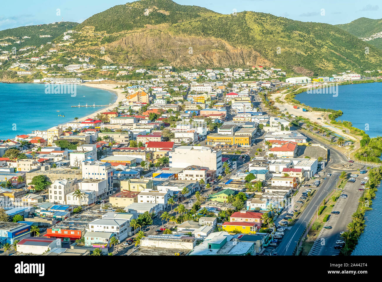 Aerial view of the capital of St.Maarten, Philipsburg. Dutch Side of ...
