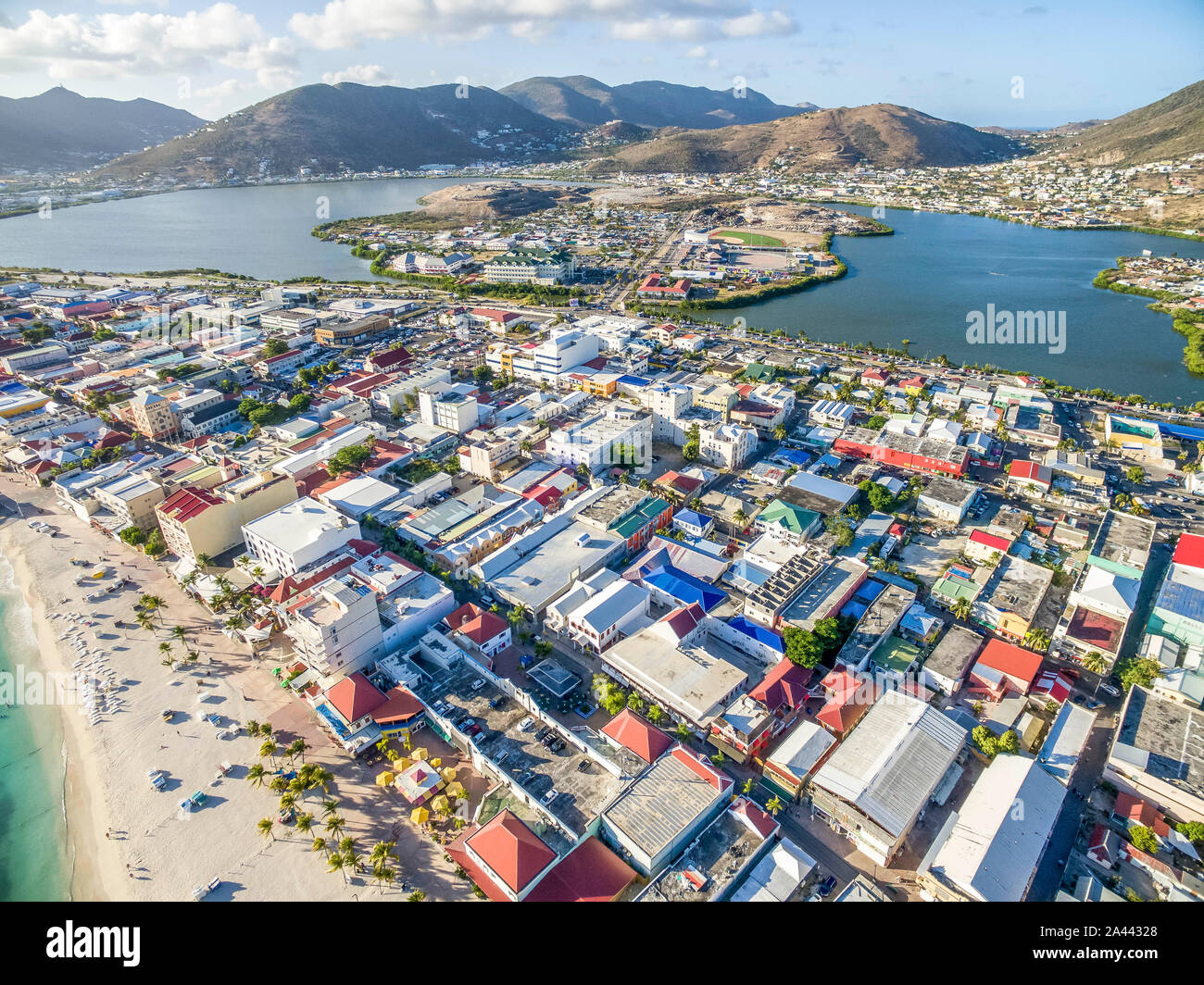 High Aerial view of the capital of St.Maarten, Philipsburg. Dutch Side ...