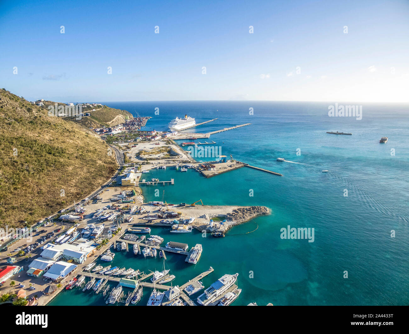 High Aerial view of the capital of St.Maarten, Philipsburg. Dutch Side ...