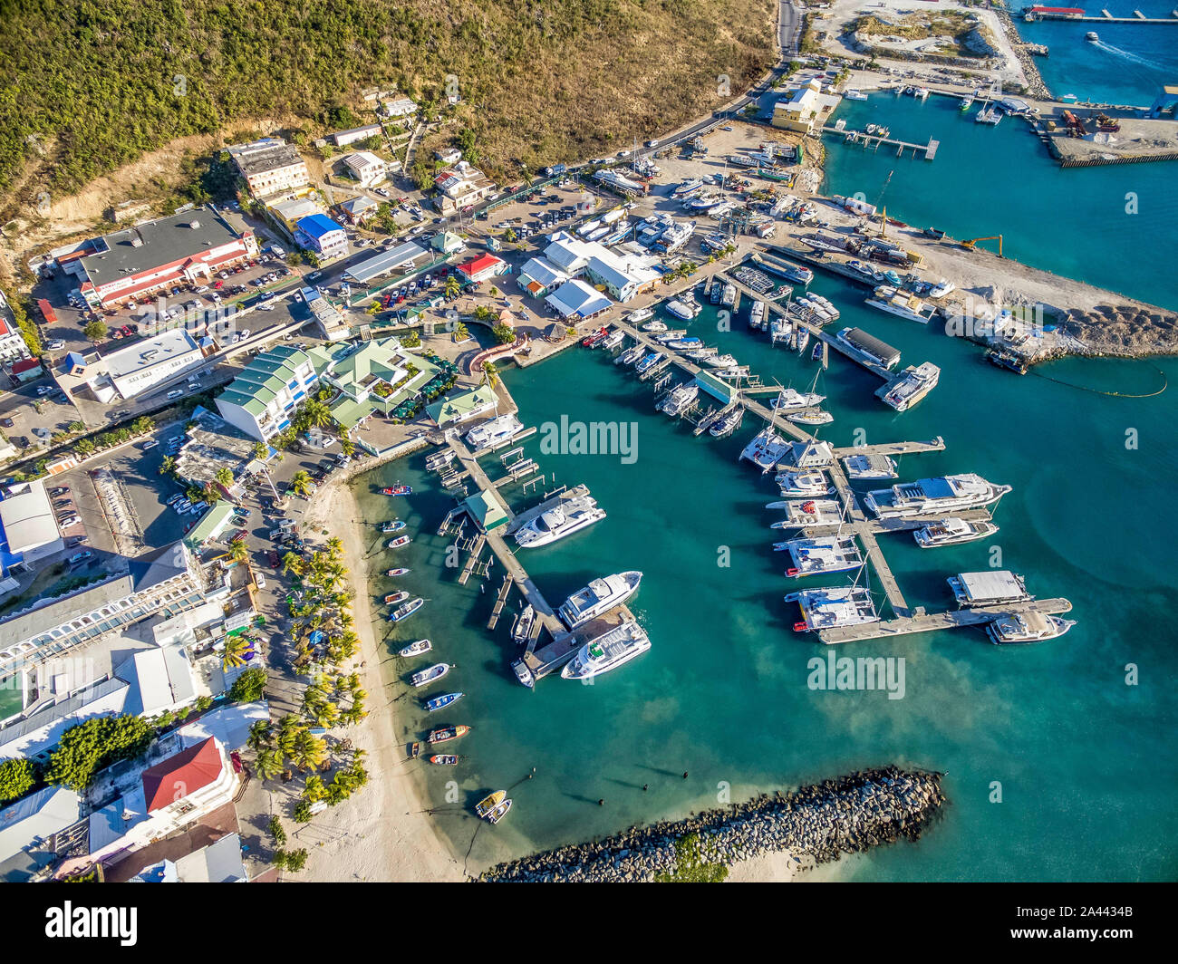 High Aerial view of the capital of St.Maarten, Philipsburg. Dutch Side ...