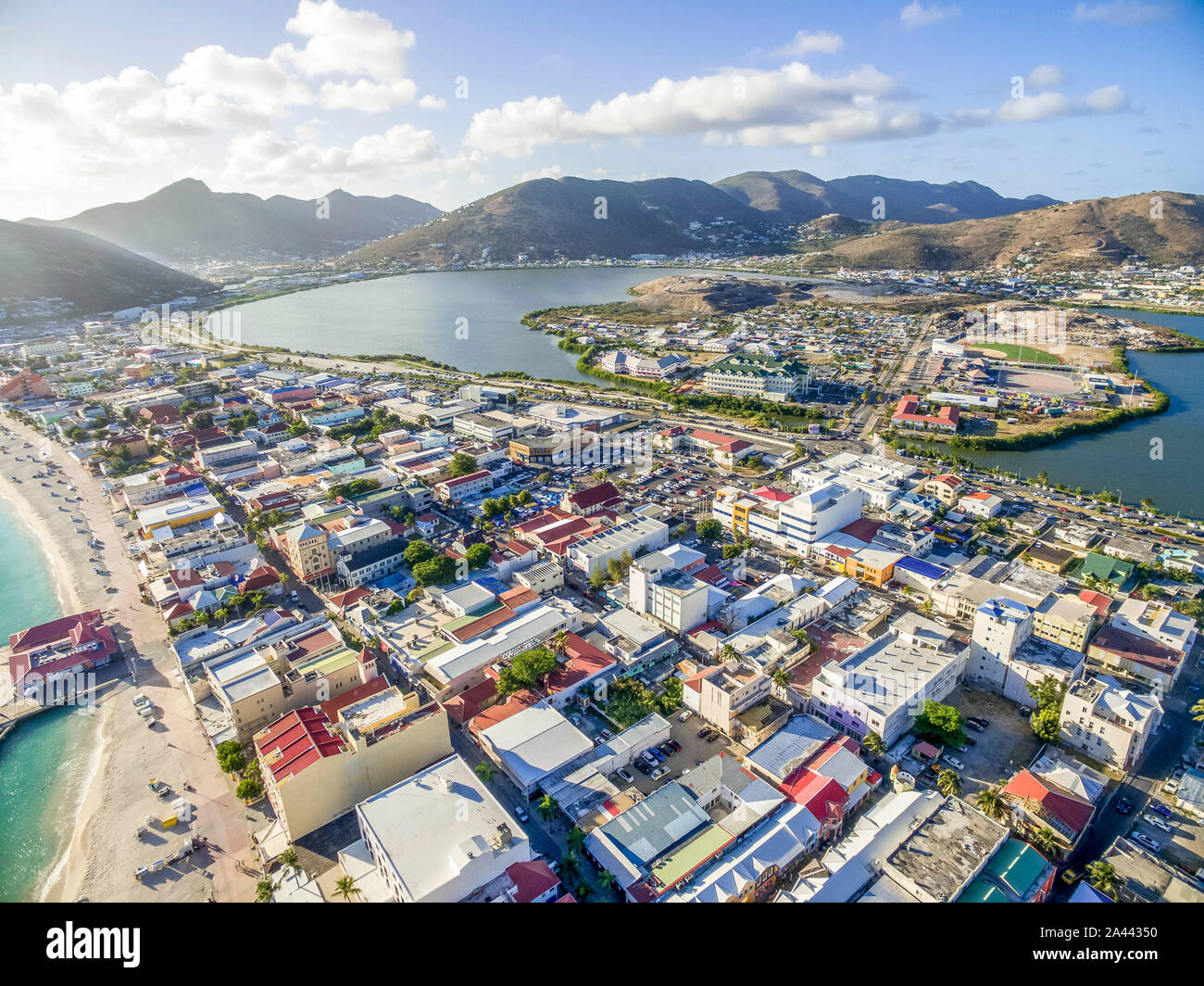 High Aerial view of the capital of St.Maarten, Philipsburg. Dutch Side ...