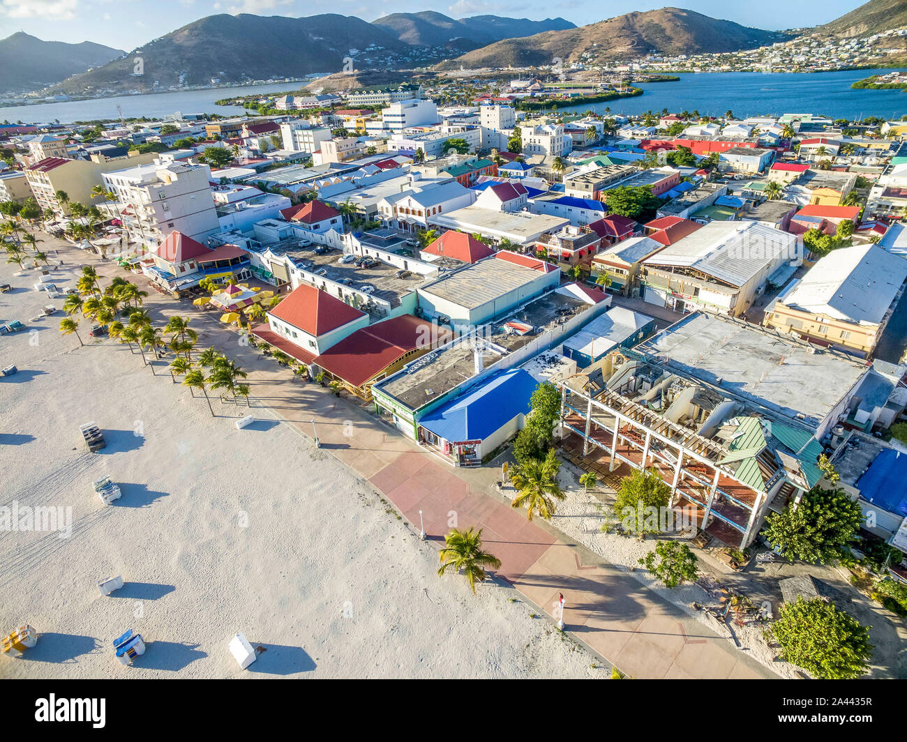 High Aerial view of the capital of St.Maarten, Philipsburg. Dutch Side ...