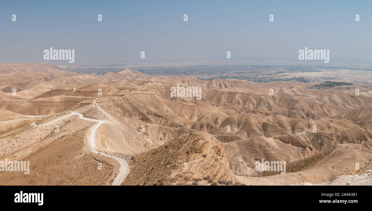 View of the Jordan Valley Desert Mountains and the City of Jericho next ...
