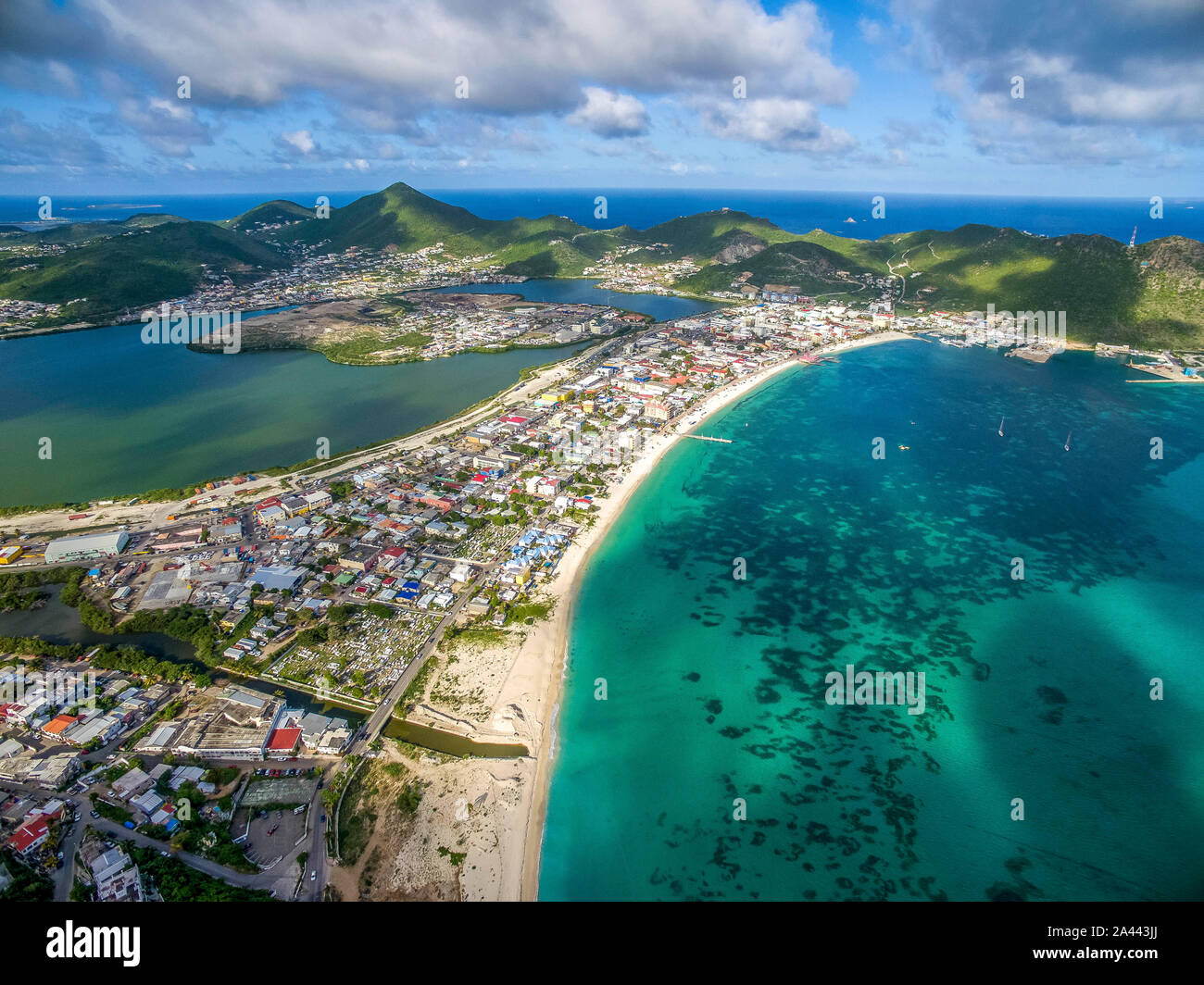 High Aerial view of the capital of St.Maarten, Philipsburg. Dutch Side ...