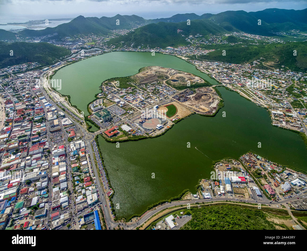 High Aerial view of the capital of St.Maarten, Philipsburg. Dutch Side ...