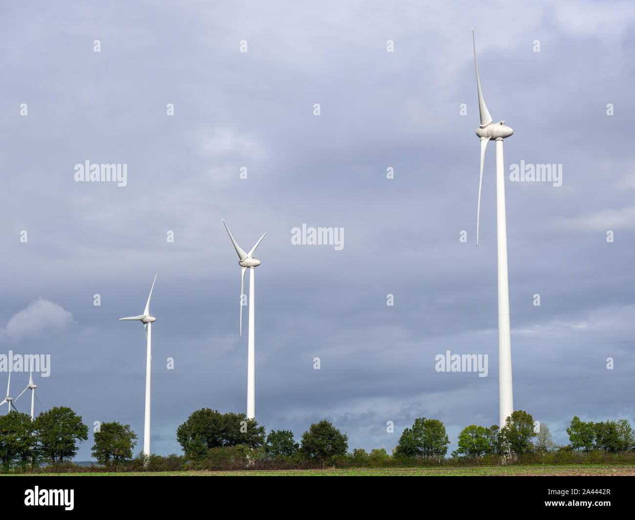 Group of wind turbines. Renewable energy. Electrical windmills. France ...