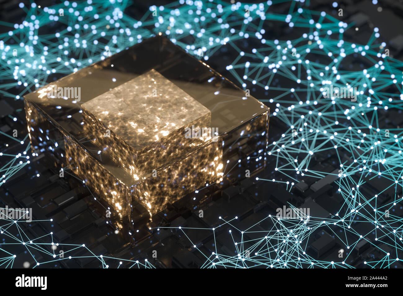 Circuit board with glowing cube and lines, 3d rendering. Computer ...