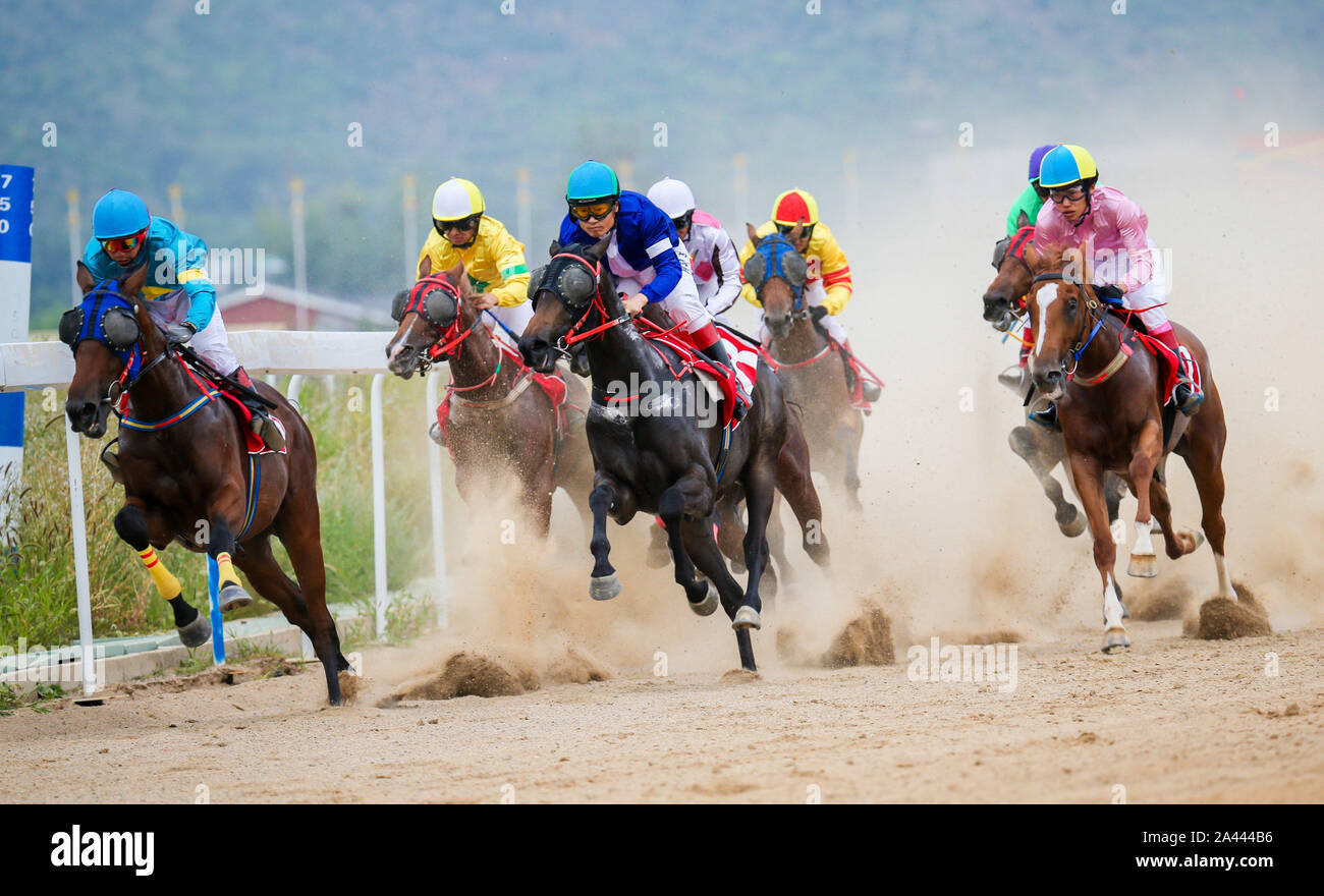 Racers riding horse compete against each other during Horse Speed ...
