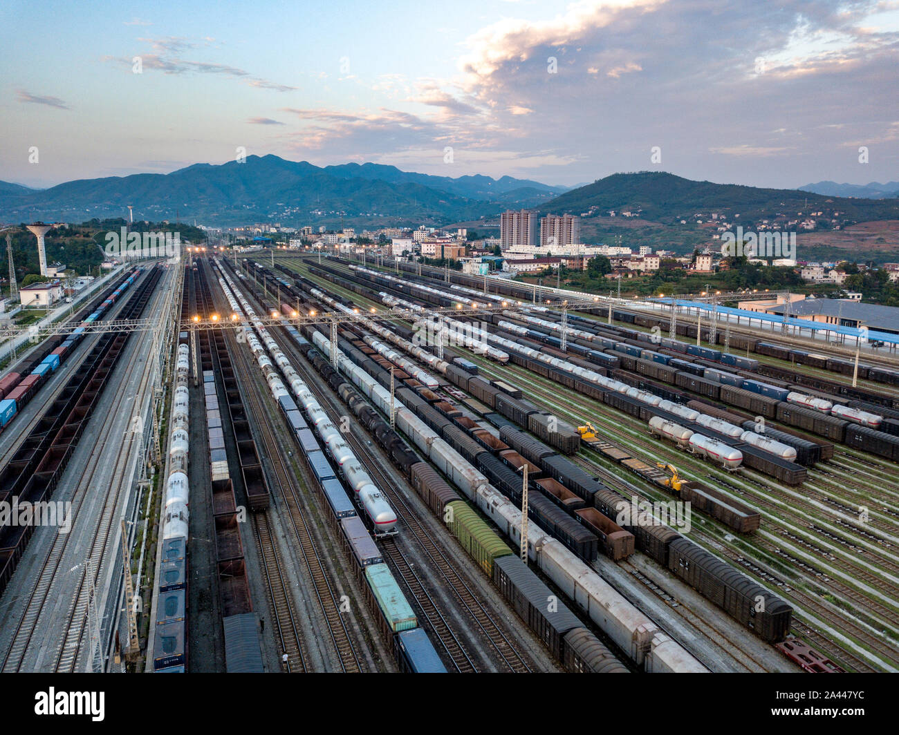 An aerial view of railway trains parked at a classification yard or ...