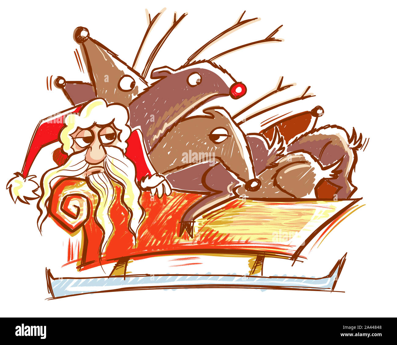 Santa and his lazy reindeer crowd into his sleigh. Comical with a ...
