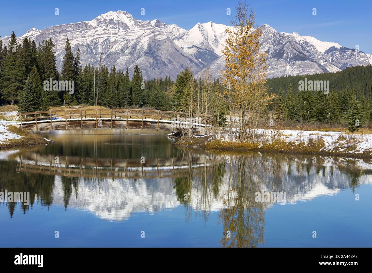 Pedestrian Hiking Footbridge Snow Covered Rocky Mountain Peaks ...