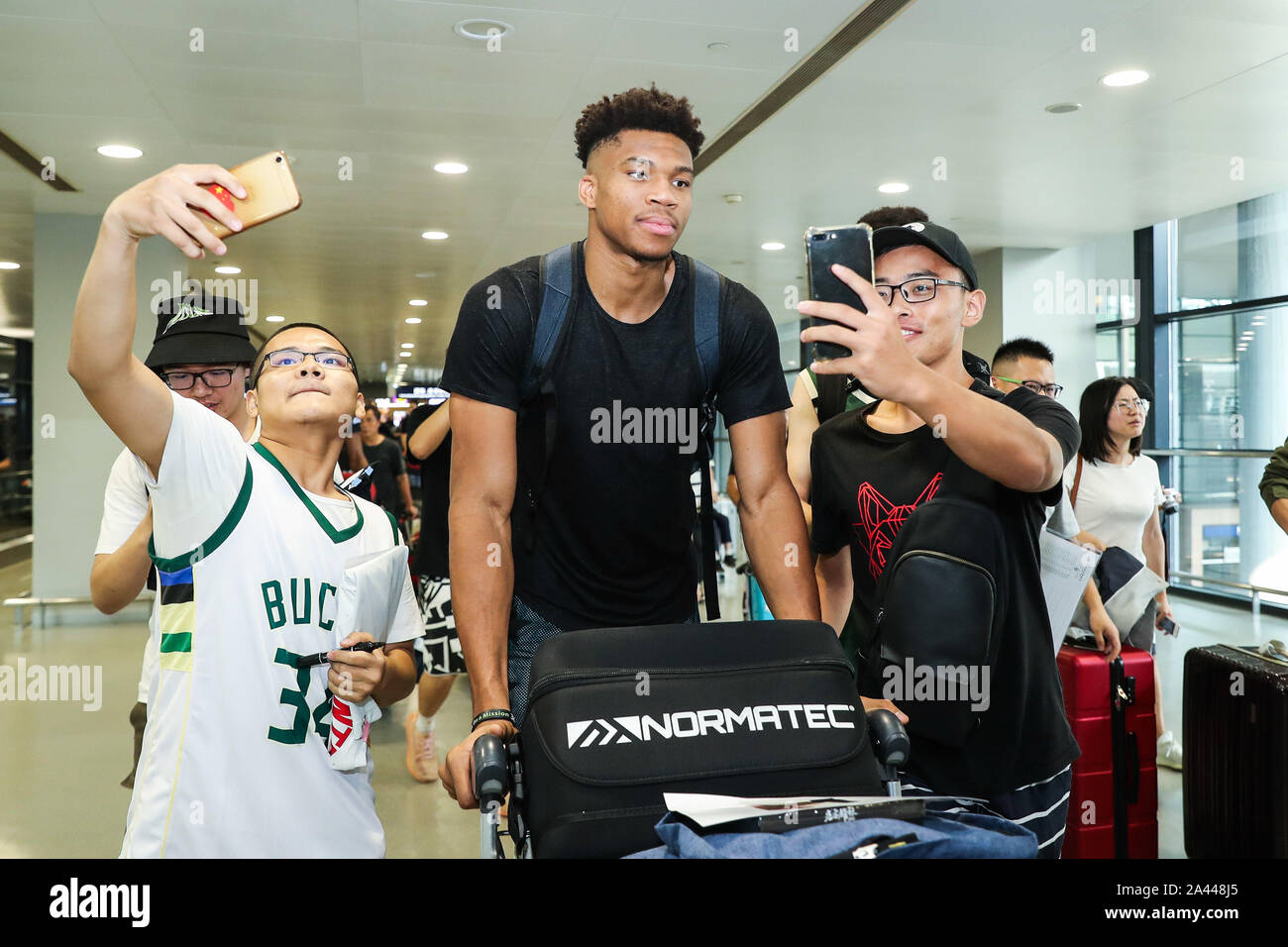 Giannis Antetokounmpo of Greece national basketball team arrives at the Shanghai Pudong ...
