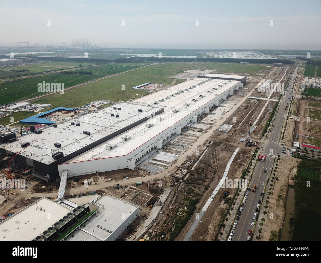 An aerial view of the Tesla Gigafactory 3 under construction in Lingang ...