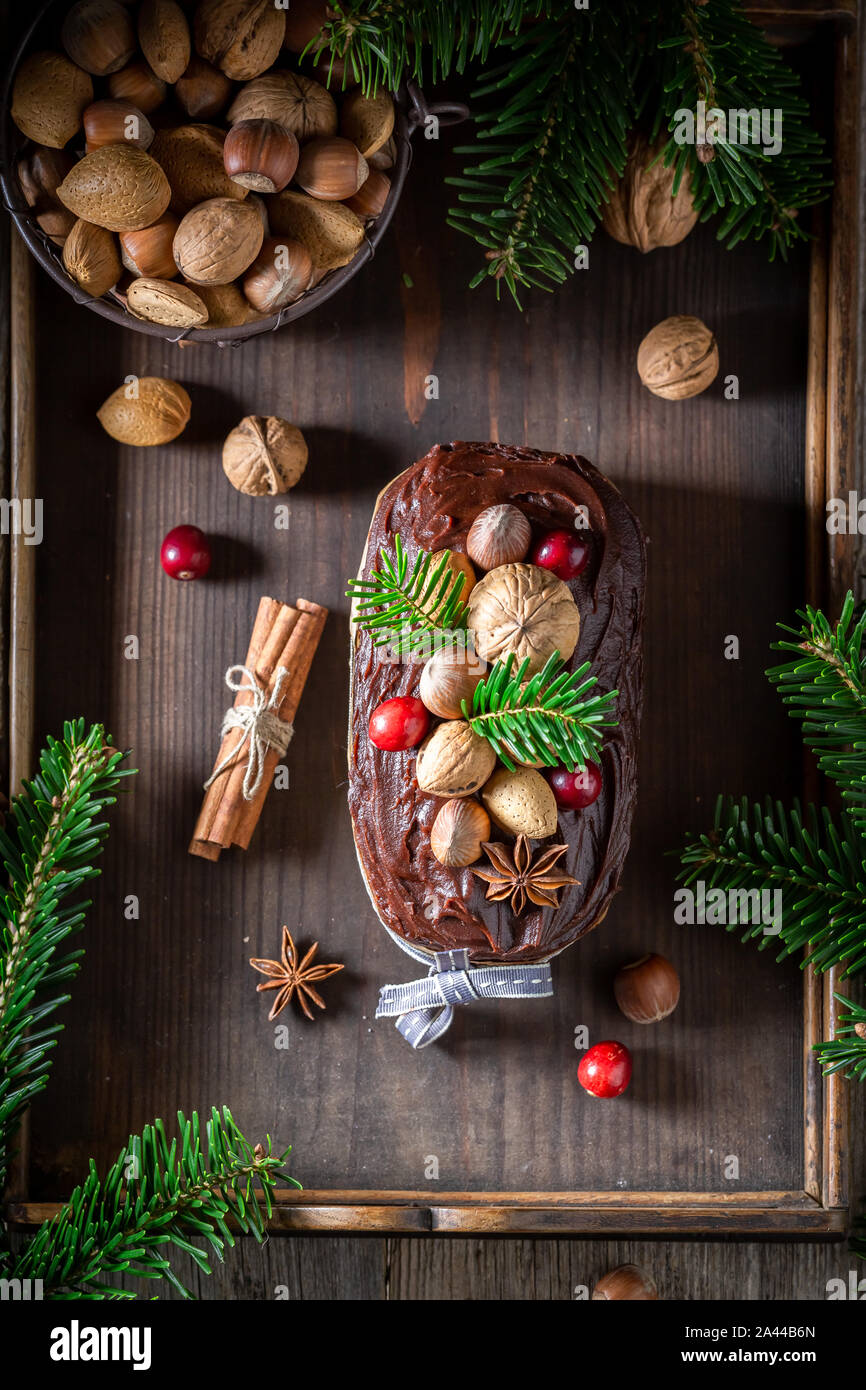Top view of gingerbread nuts for Christmas decorated with spruce Stock ...