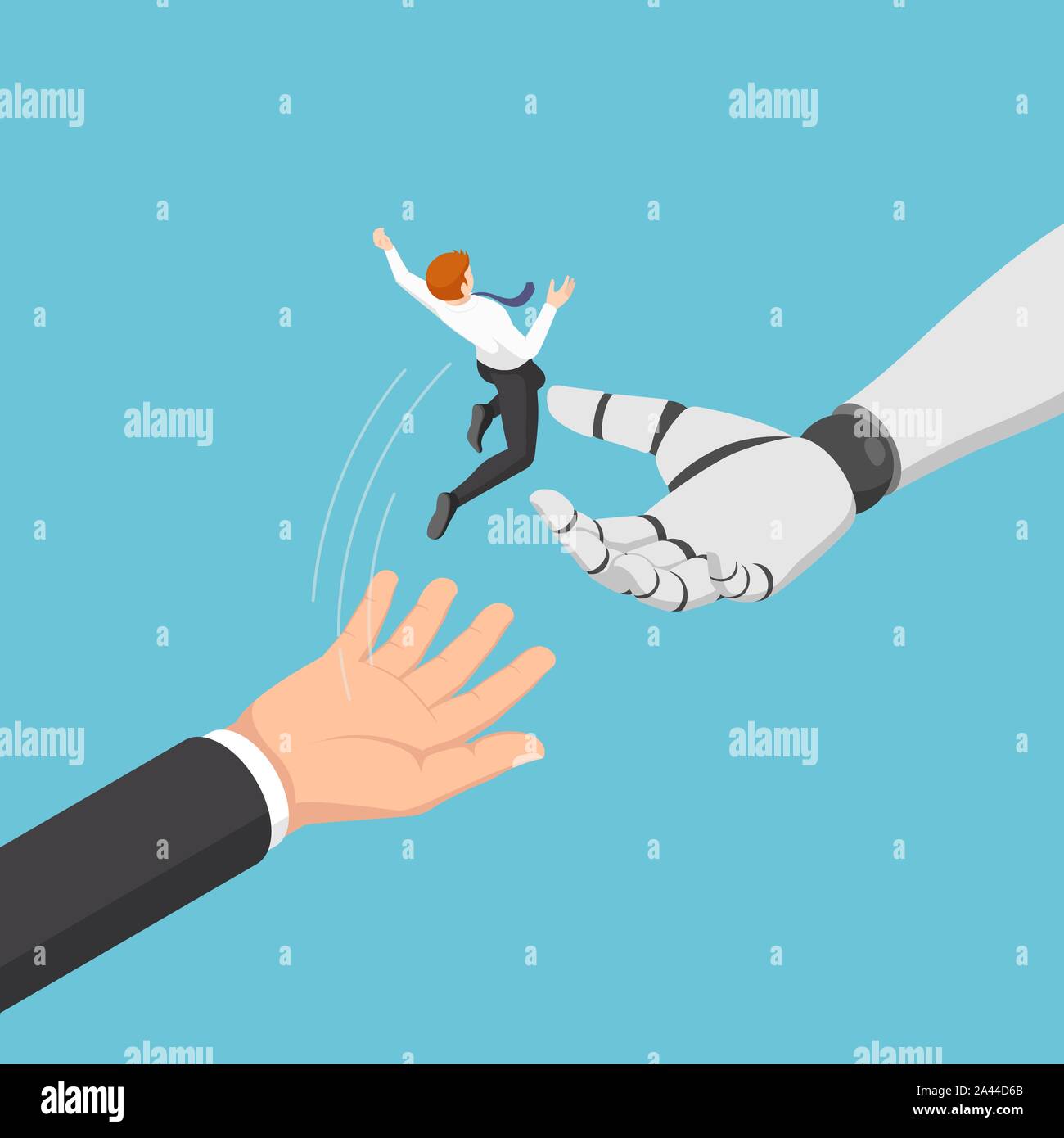 Flat 3d isometric businessman jump from human to ai robot hand ...