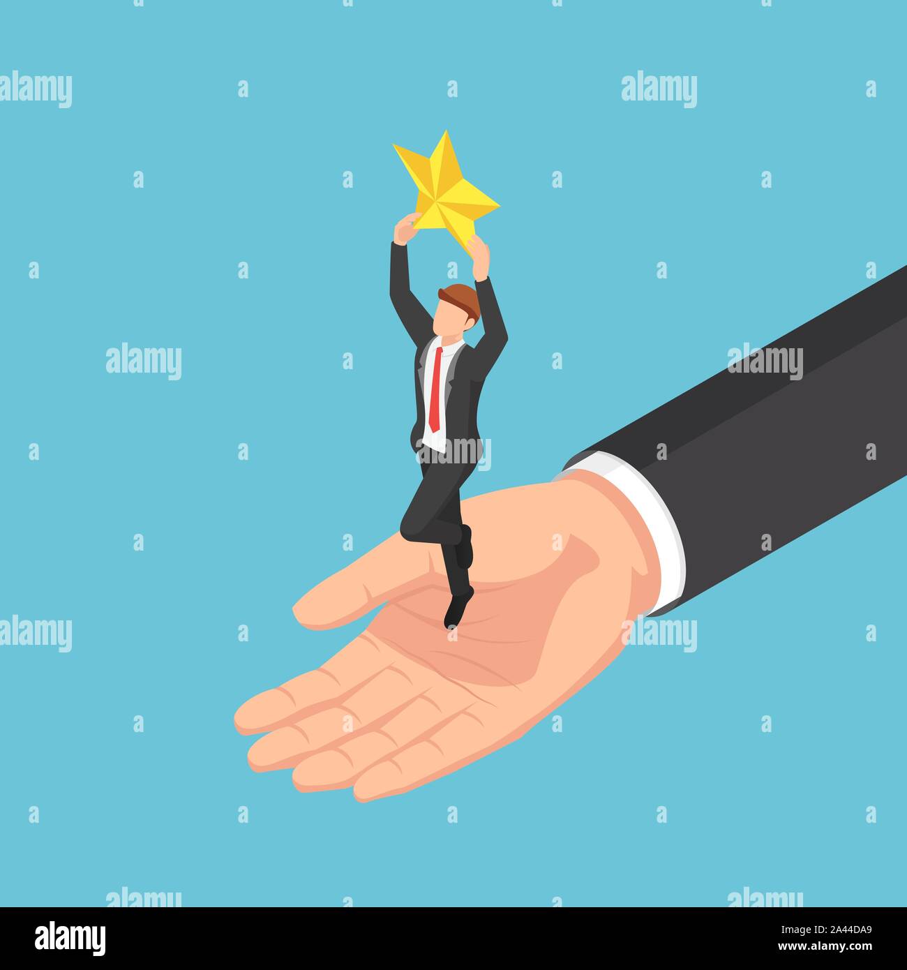 Flat 3d isometric giant hand helping businessman to catch the star ...