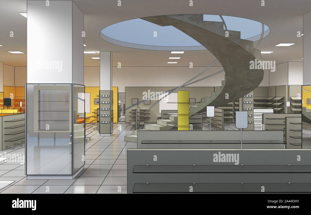 shopping mall, interior visualization, 3D illustration Stock Photo - Alamy