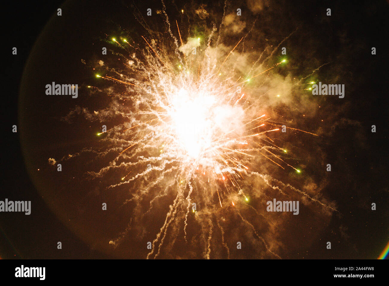 Firework flash of many colorful tailed sparks in a pitch black night ...