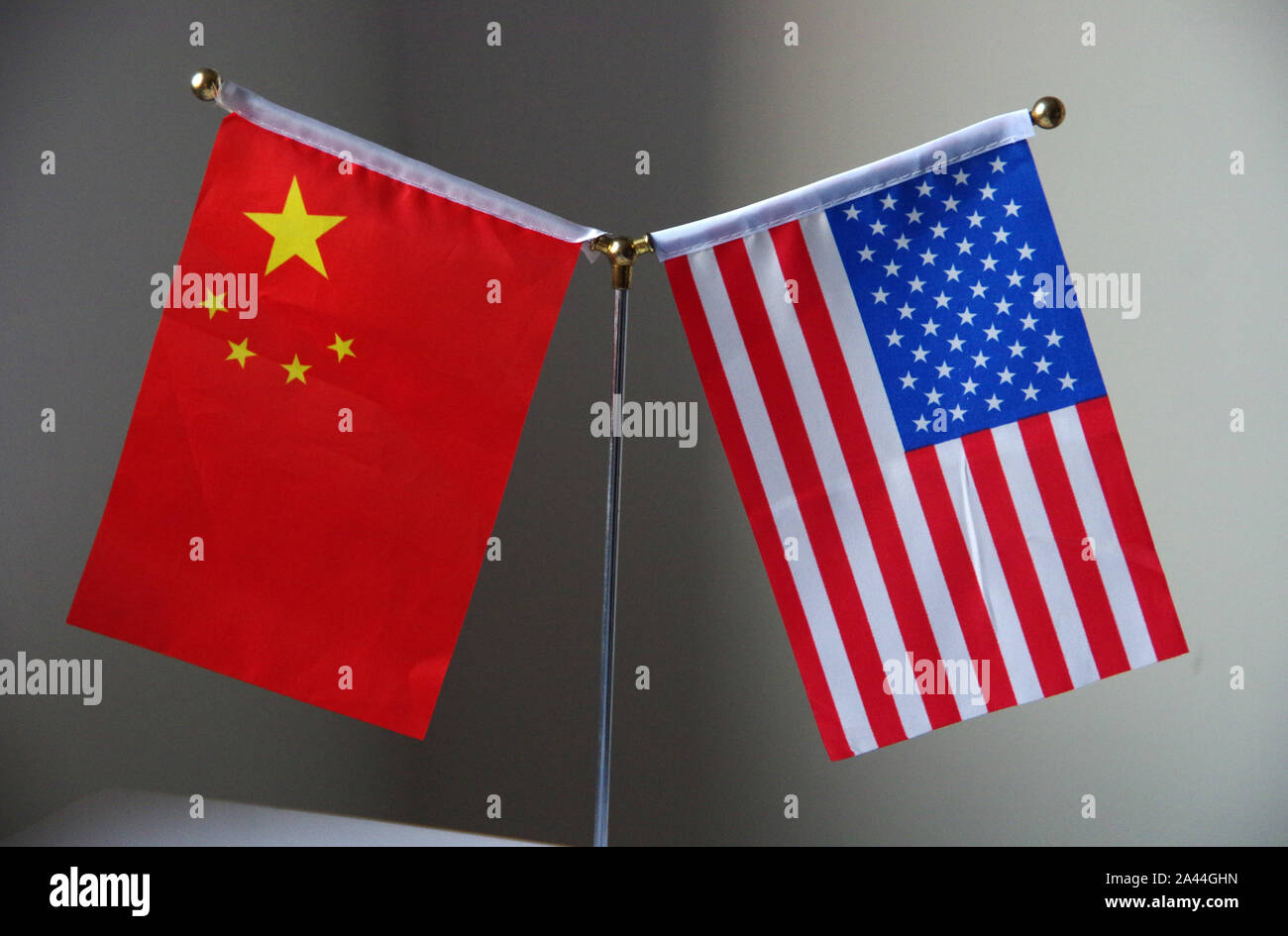--FILE--National flags of China and the United States are seen in Ji ...