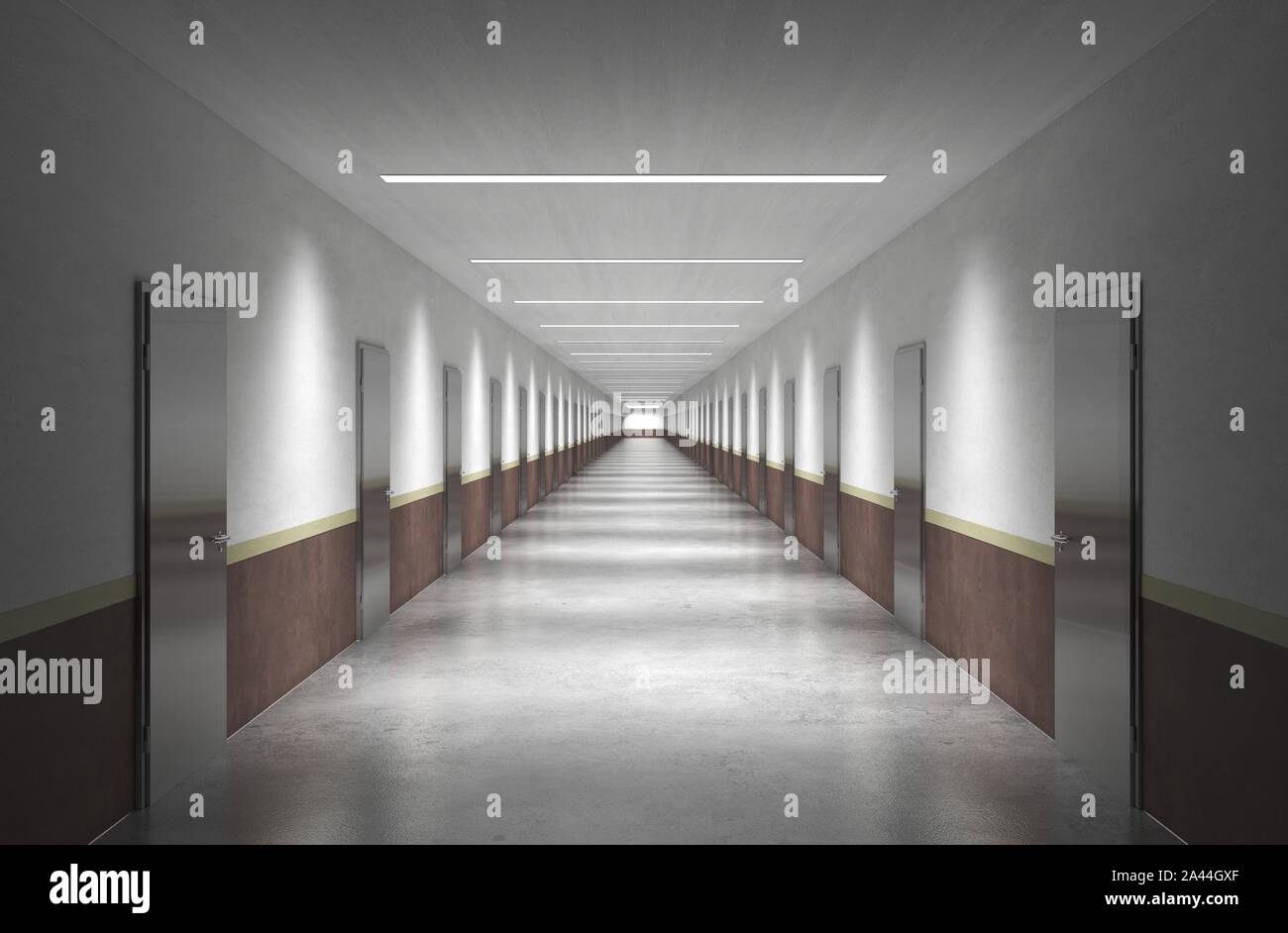 long corridor with doors, interior visualization, 3D illustration Stock ...
