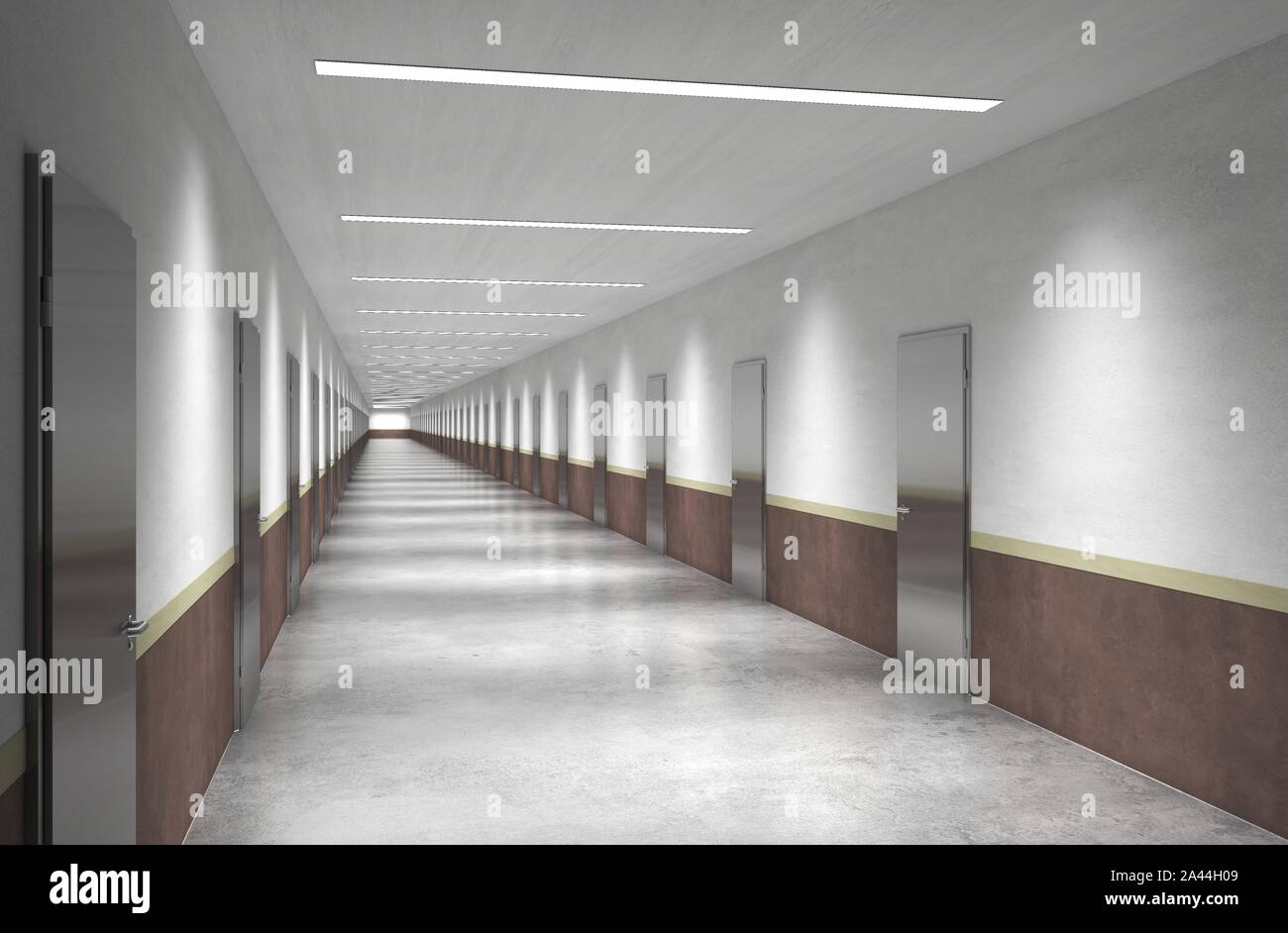 long corridor with doors, interior visualization, 3D illustration Stock ...
