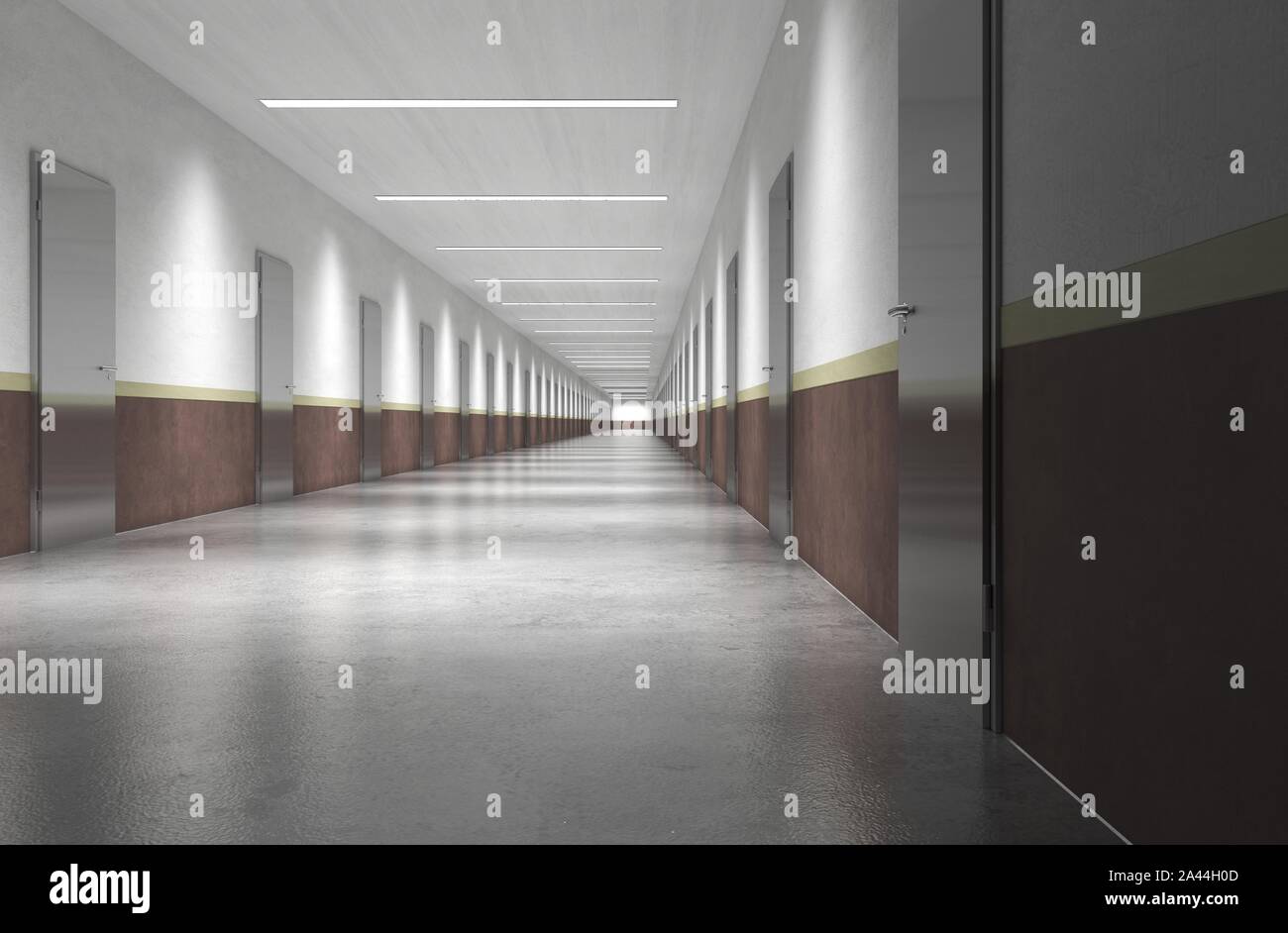 long corridor with doors, interior visualization, 3D illustration Stock ...