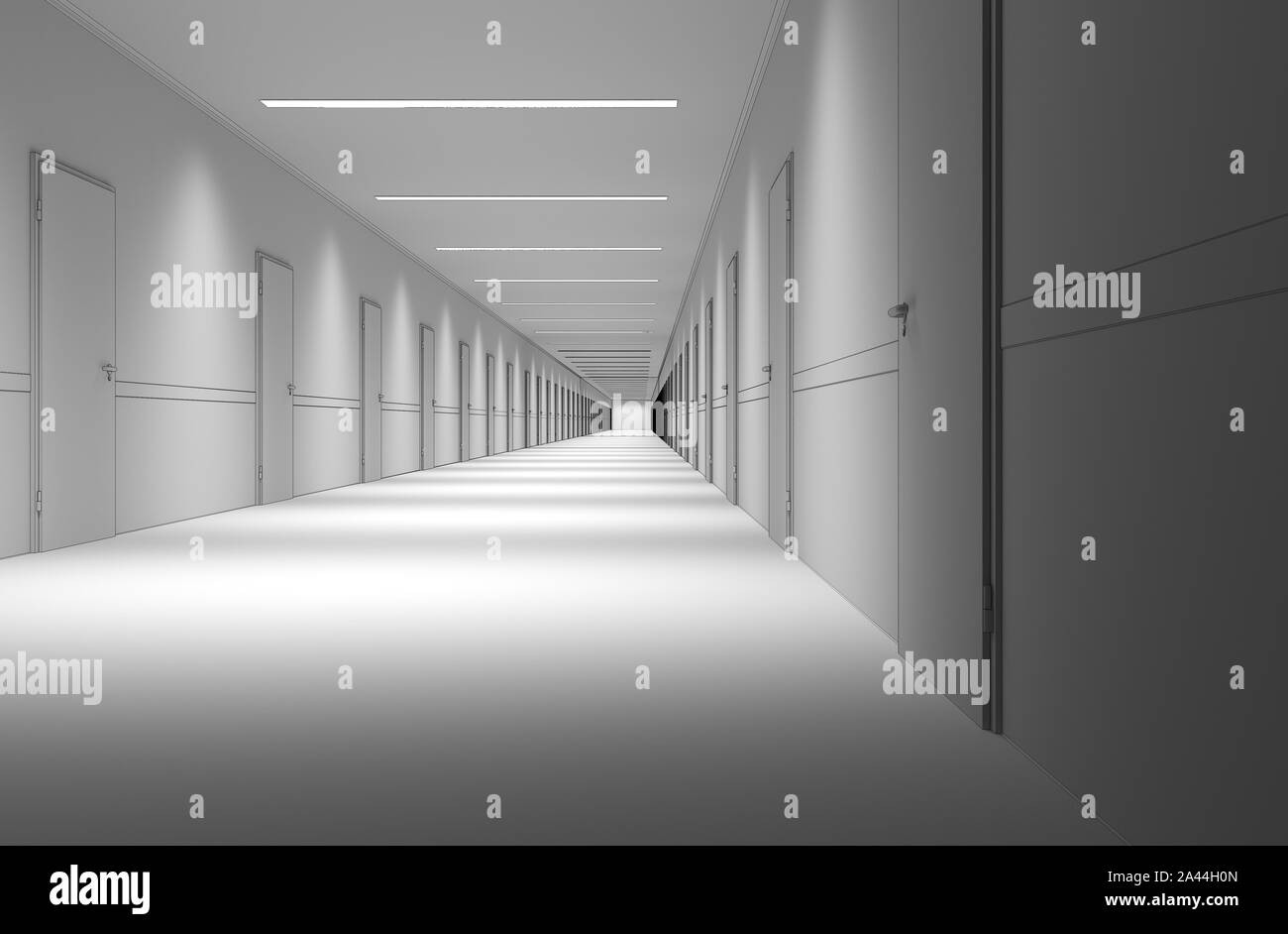 long corridor with doors, interior visualization, 3D illustration Stock ...
