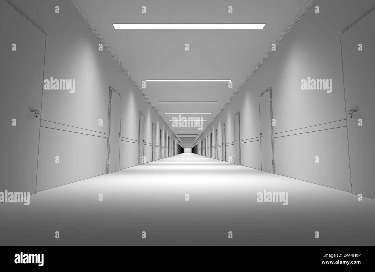 long corridor with doors, interior visualization, 3D illustration Stock ...