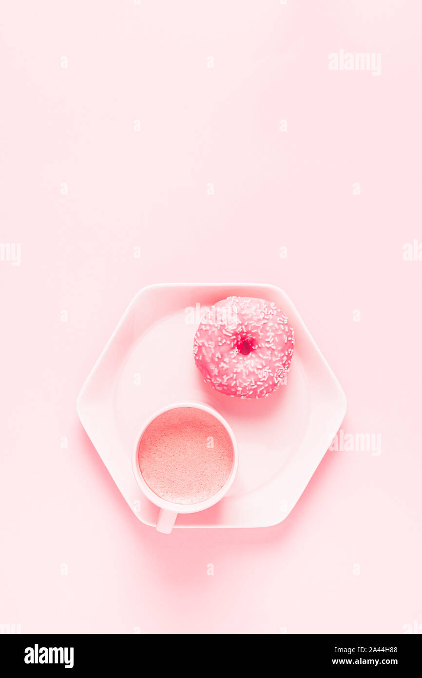 Breakfast with coffee on a pastel pink background. Flat lay, top view ...