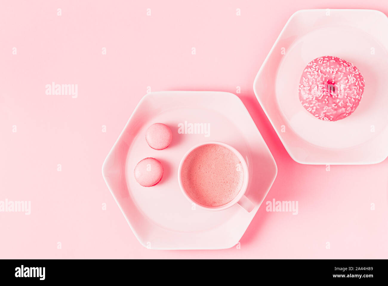 Breakfast with coffee on a pastel pink background. Flat lay, top view ...