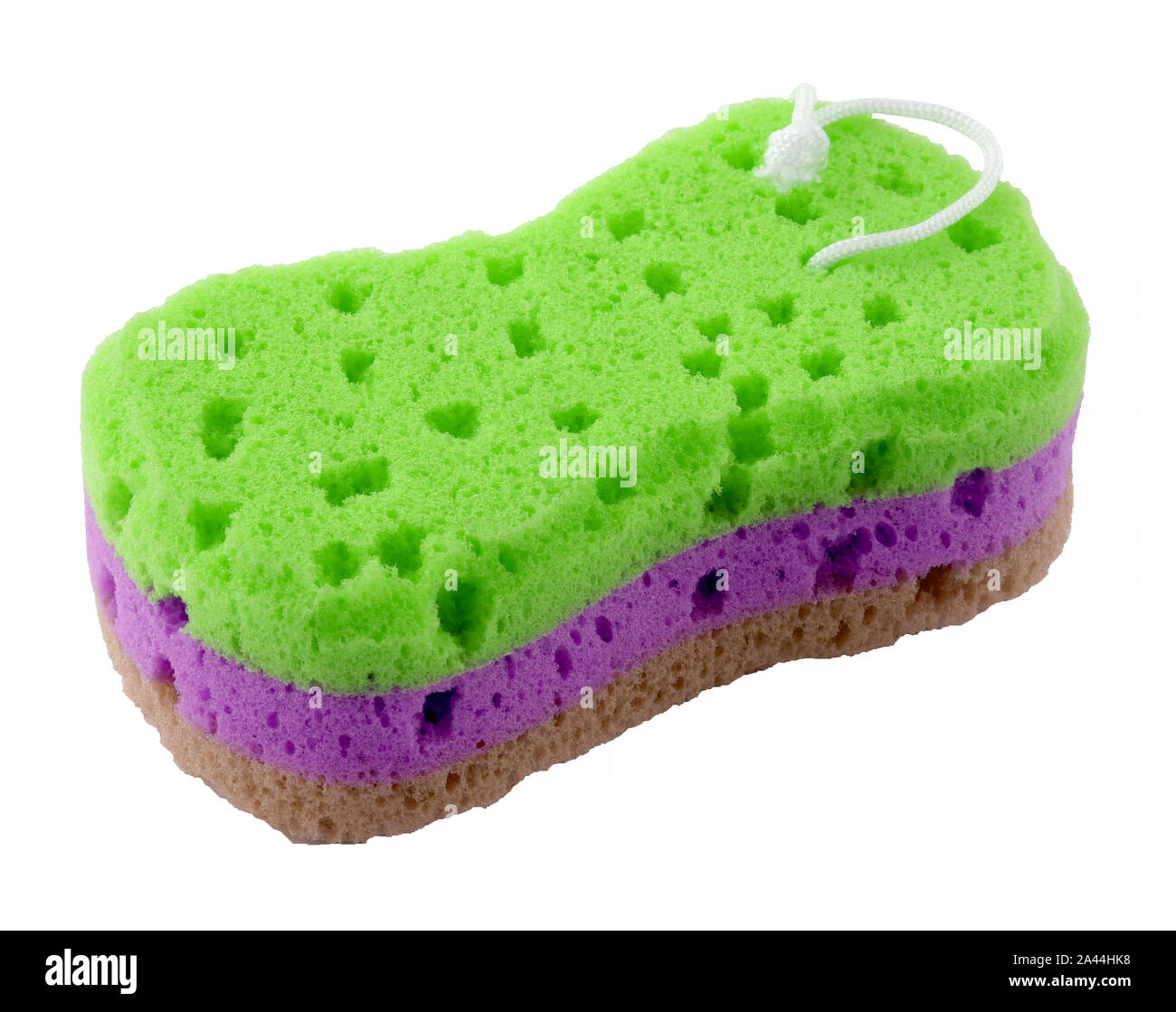 Green sponge for washing dishes on a white background. The sponge has a ...