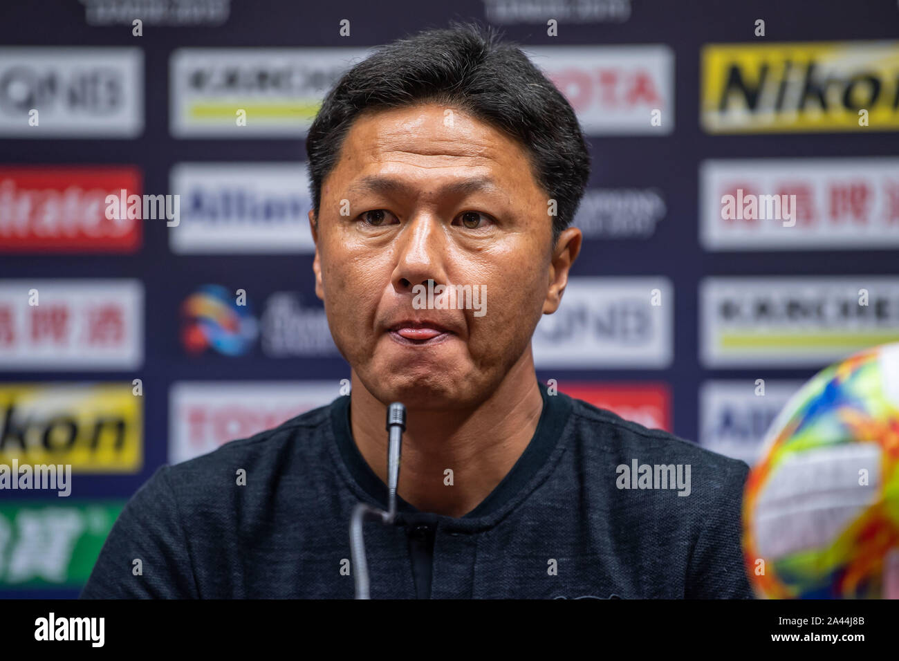 Head coach Go Oiwa of Japan's Kashima Antlers F.C. attends a press ...