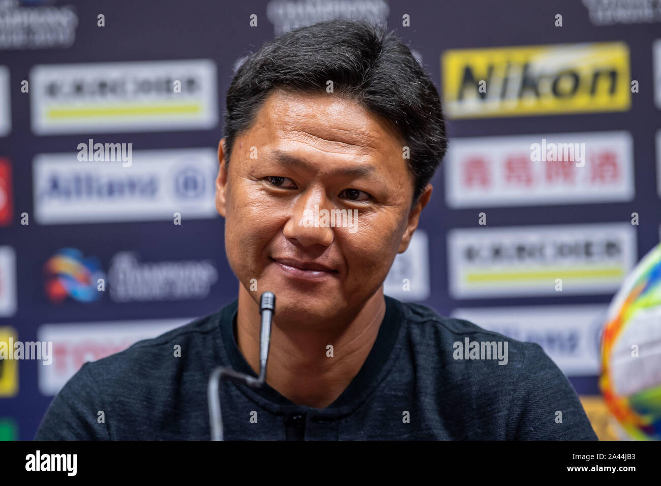 Head coach Go Oiwa of Japan's Kashima Antlers F.C. attends a press ...