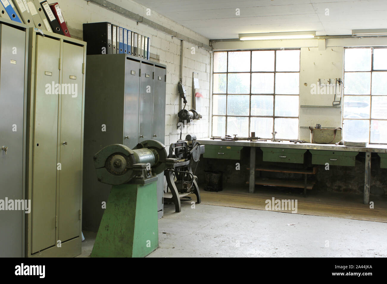 old work space with dirty dusty windows and tools Stock Photo - Alamy