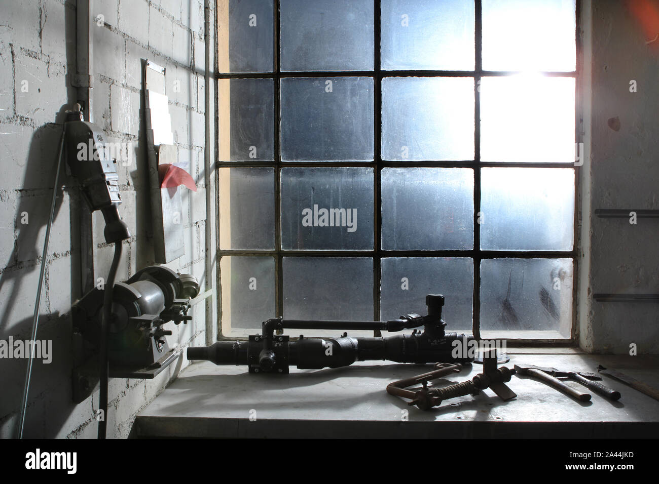 old work space with dirty dusty windows and tools Stock Photo - Alamy