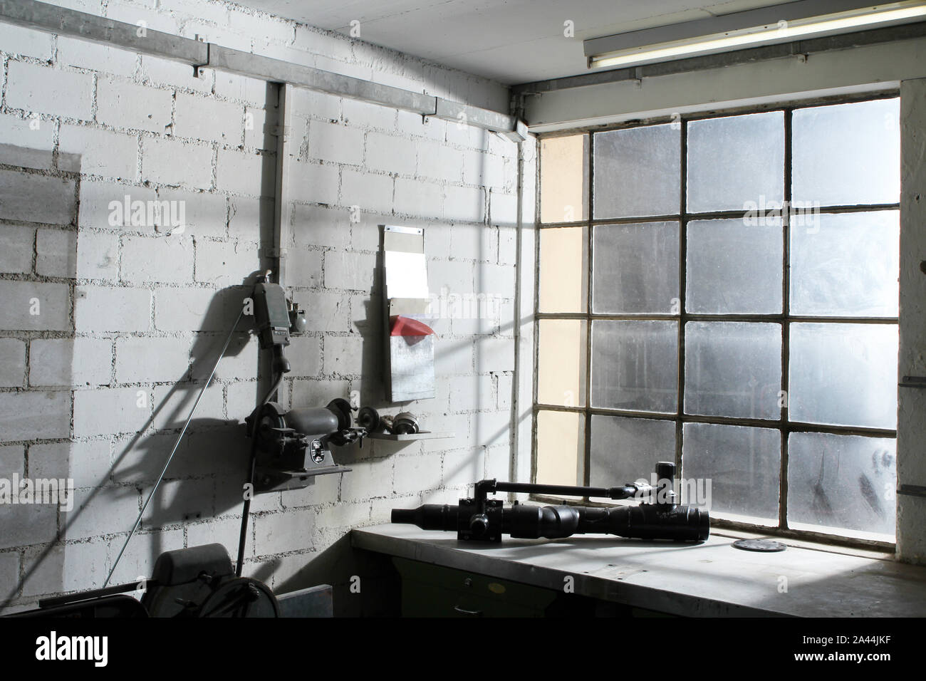 old work space with dirty dusty windows and tools Stock Photo - Alamy