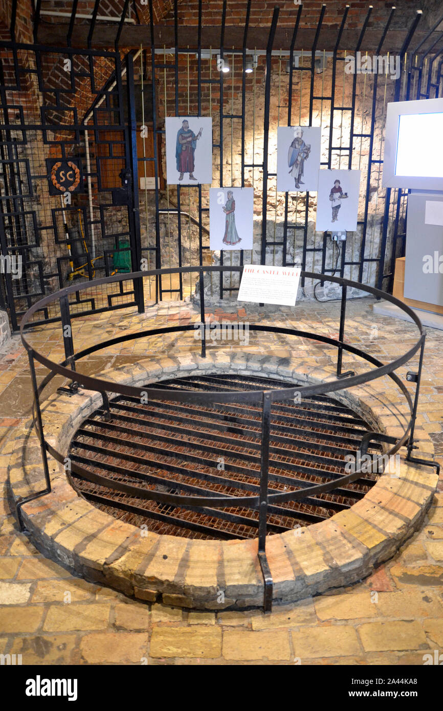 The old castle well at Colchester Castle Museum, with the barred route ...