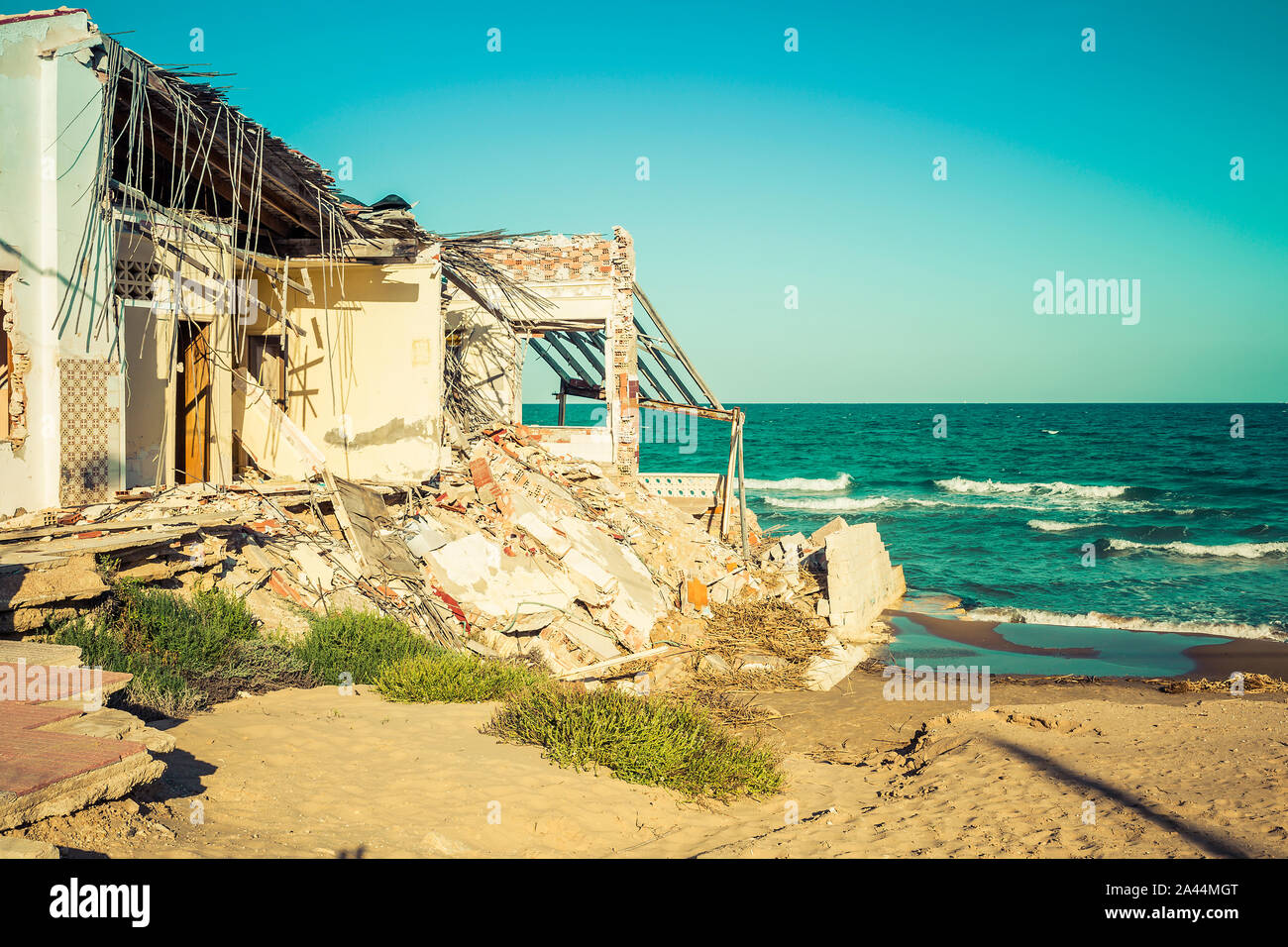Building destroyed after storm in the beach by climate change Stock ...