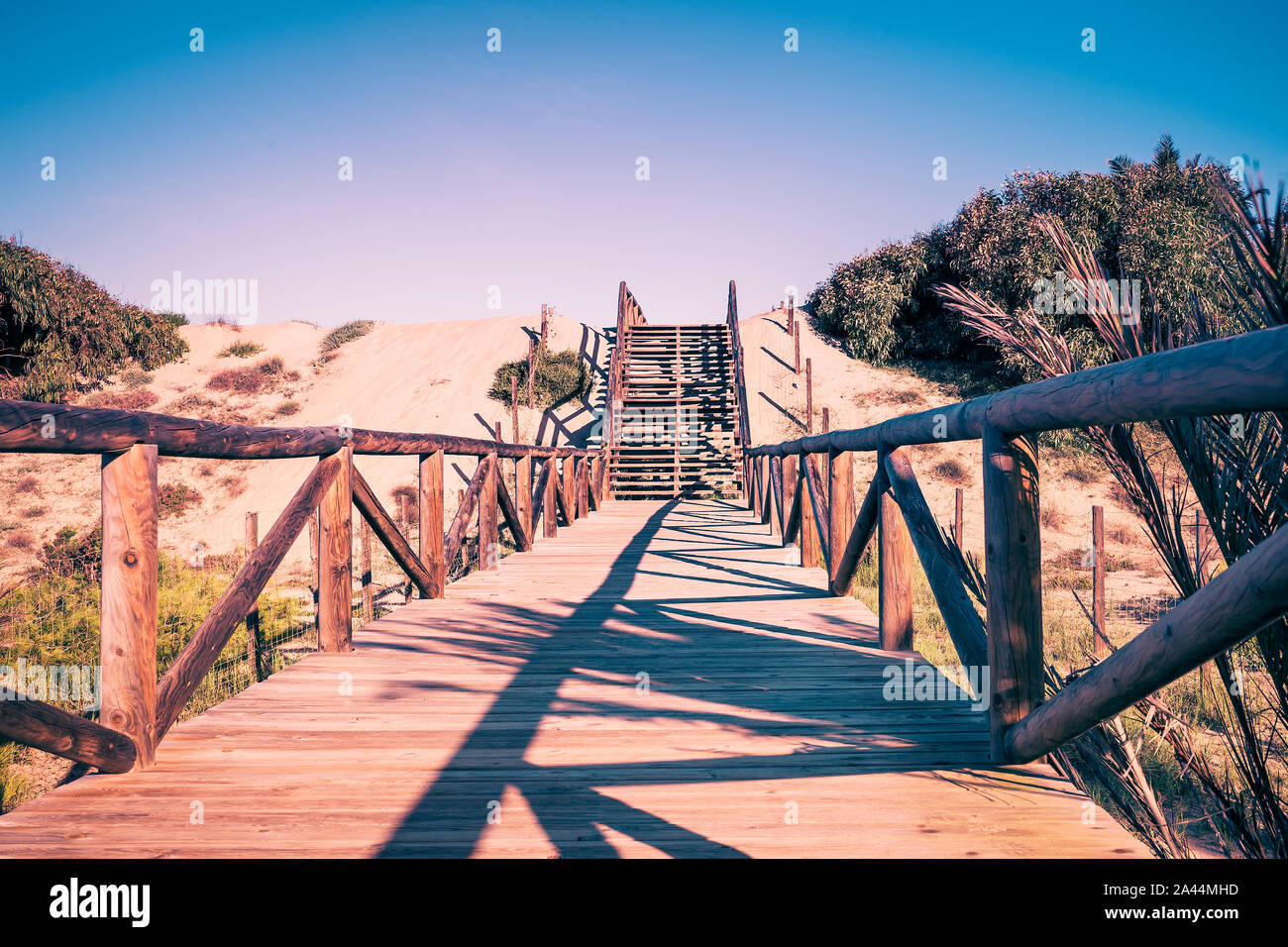 mediterranean landscape with wooden walkway and stars to access beach ...