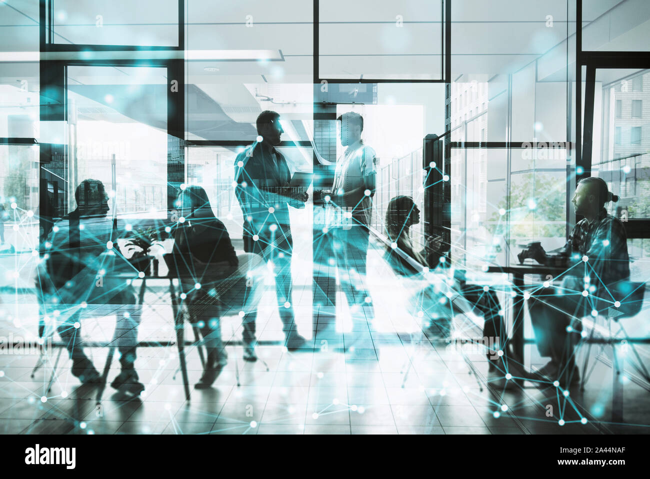 Network background concept with business people silhouette working in ...